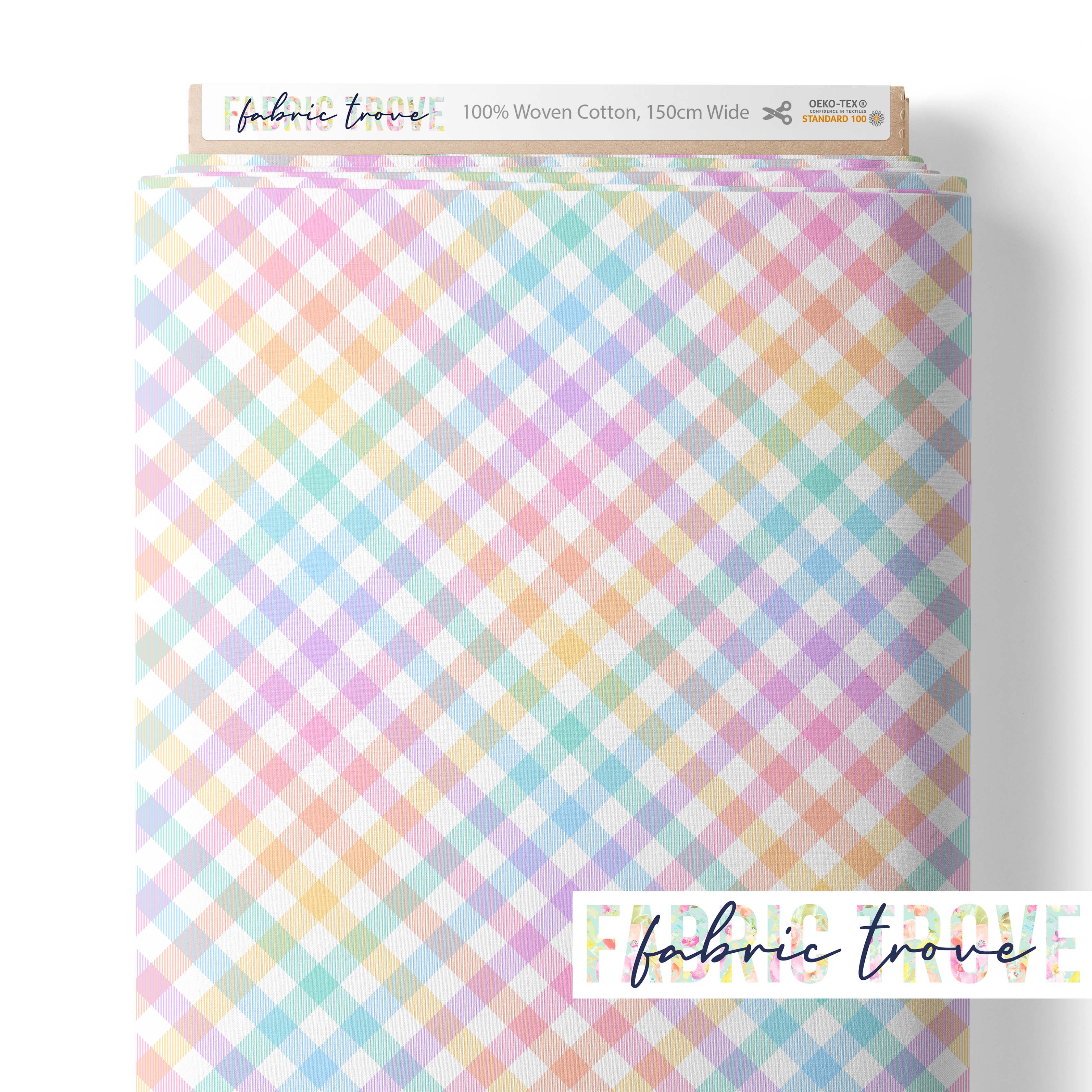 Rainbow Gingham Pastel Cotton Fabric 150cm | OEKO-TEX | Fabric Trove