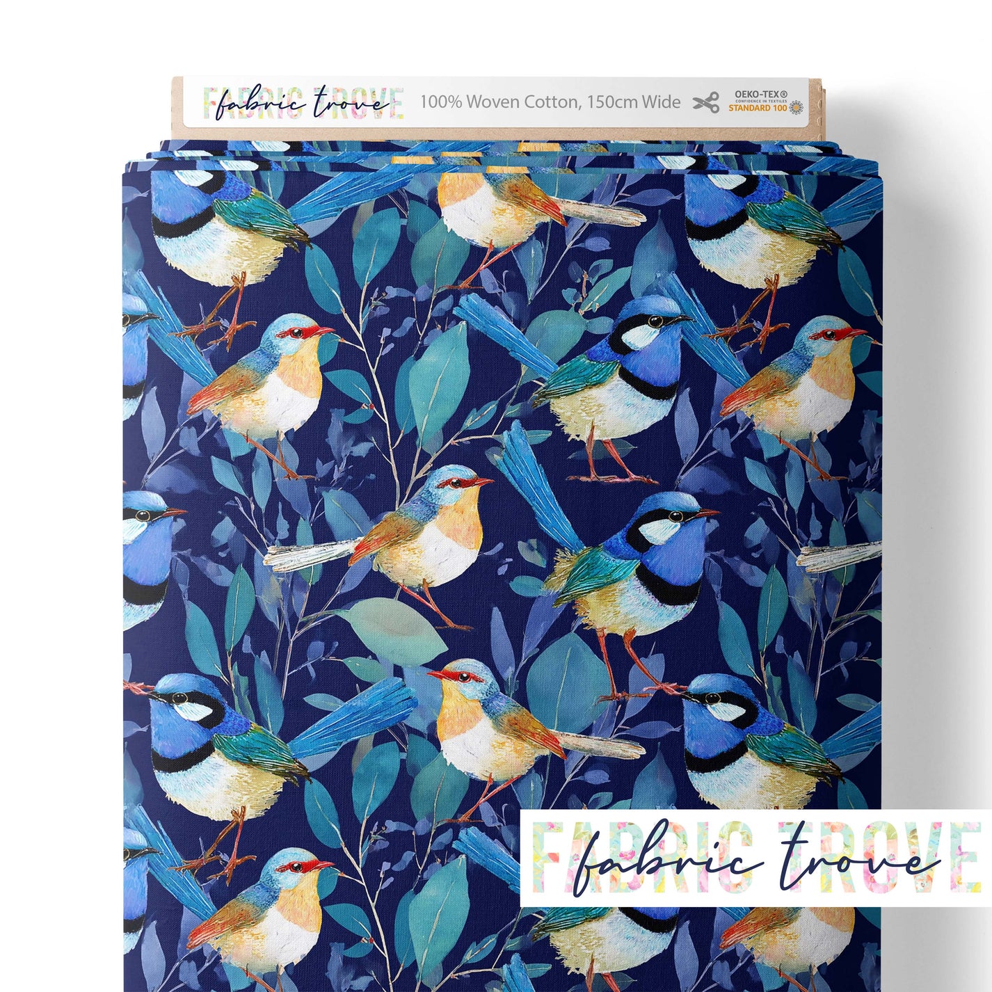 Blue Wren Family Cotton Fabric 150cm | OEKO-TEX | Fabric Trove