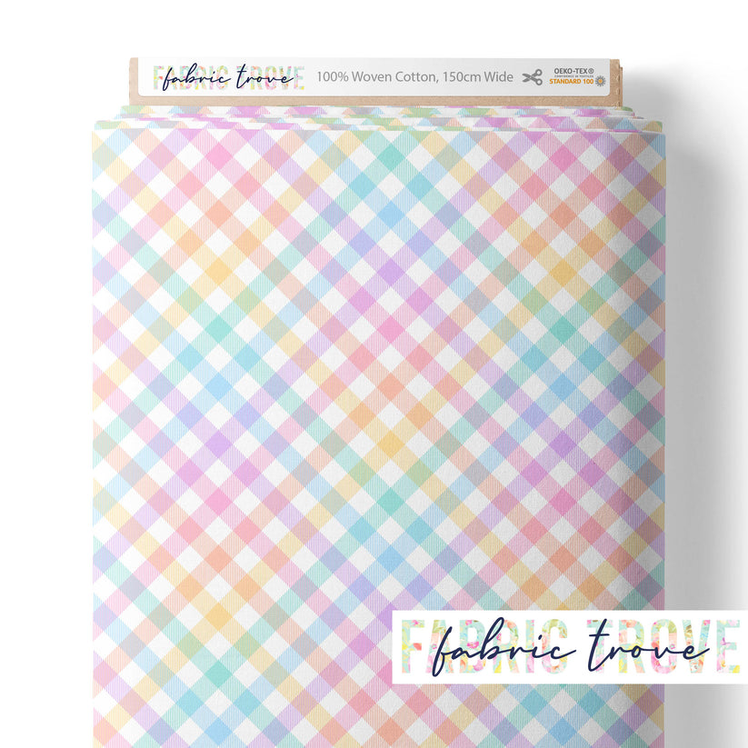 Rainbow Gingham Pastel Cotton Fabric 150cm | OEKO-TEX | Fabric Trove